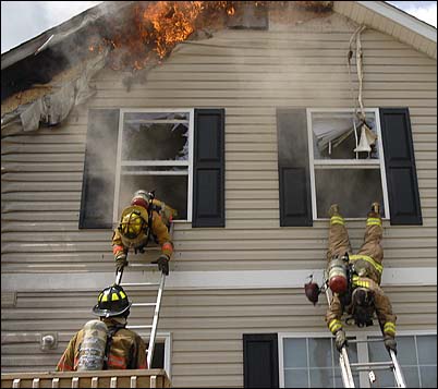 Bail out time: A pair of head first ladder slides caught on camera ...